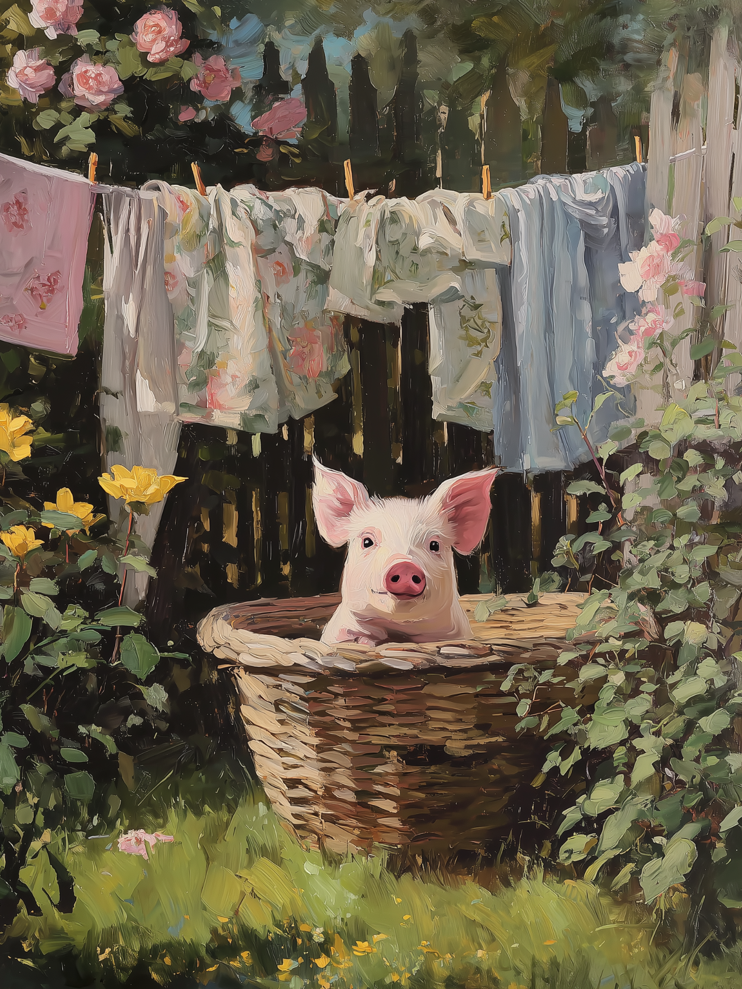 HMK1438B Pig Hiding in Basket Block - JanMichaels Art and Home