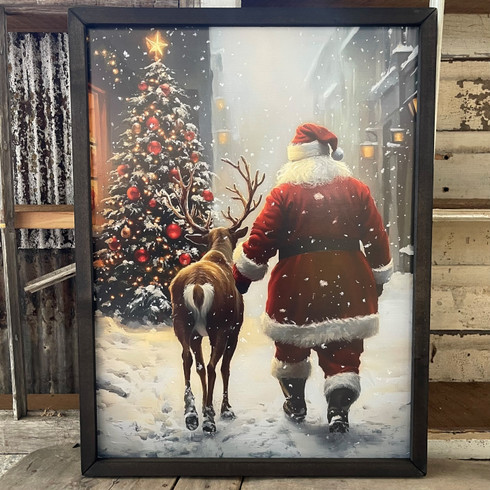 HMK163 Santa Walking Reindeer Town Box Frame - JanMichaels Art and Home