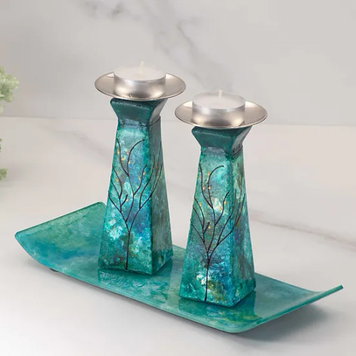 Emerald Wave Pyramid Shape Candlestick Set - Yussel's Place Jewish ...