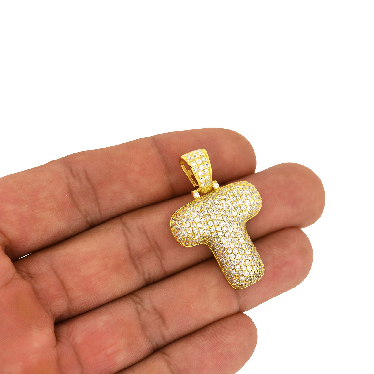 .925 Silver 14k Gold Finish 3D Bubble Letter T Pendant - ShopJW