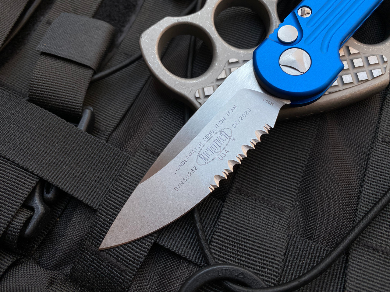 Microtech LUDT Auto Folder Blue Aluminum Body w/ Stonewashed Partially ...