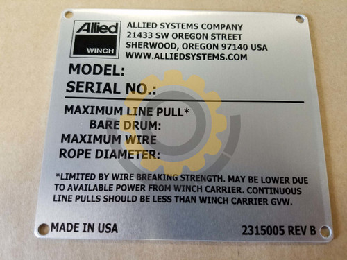 Allied Hyster 2315005 NAMEPLATE - Dozer Winch Parts