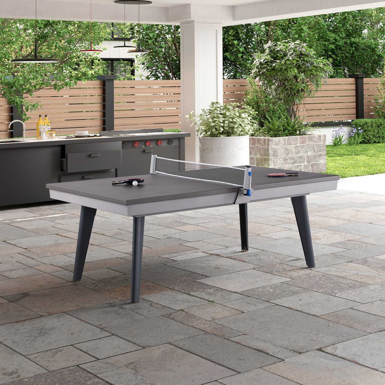 Santorini 82 Outdoor Slate Pool Table with Dining Top Benches and Ping Pong