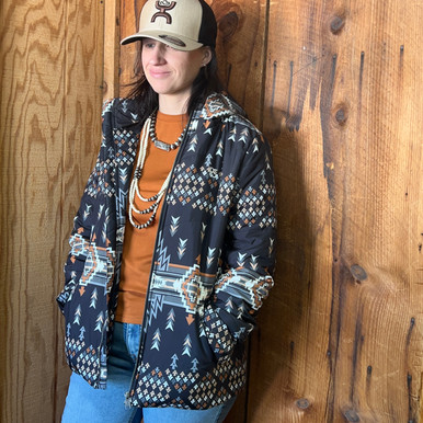 Panhandle Ladies Black Aztec Hooded Puffer Jacket - Stockyard Style