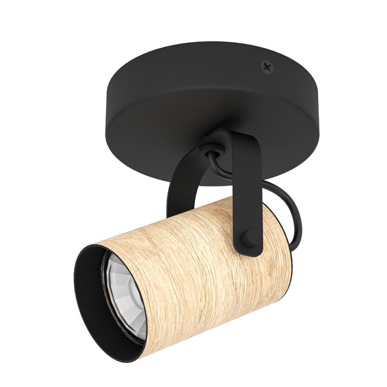 Eglo Cayuca 1lt GU10 LED Spotlight Black & Wood - Galaxy Lighting & Fans