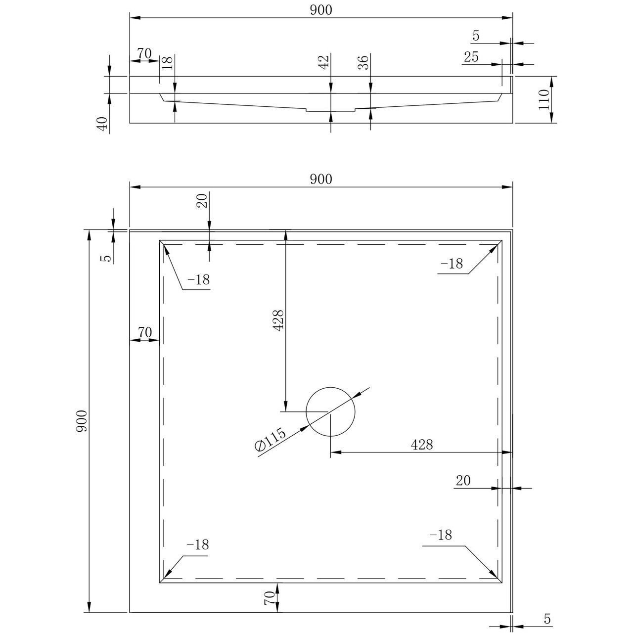 900mm Square Shower Tray Centre Waste - Trade Depot