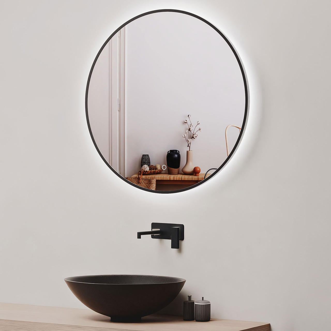 LED Mirror Black Framed 600mm - Round - Trade Depot