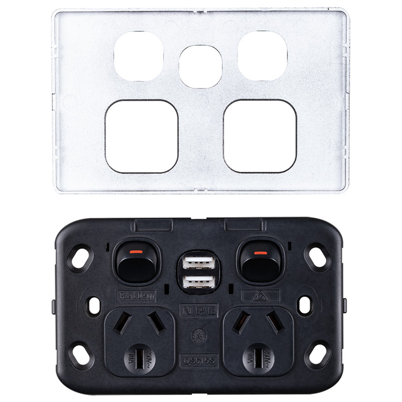 Slimline Double Power Point 2 x USB Black 10A - Horizontal - Trade Depot
