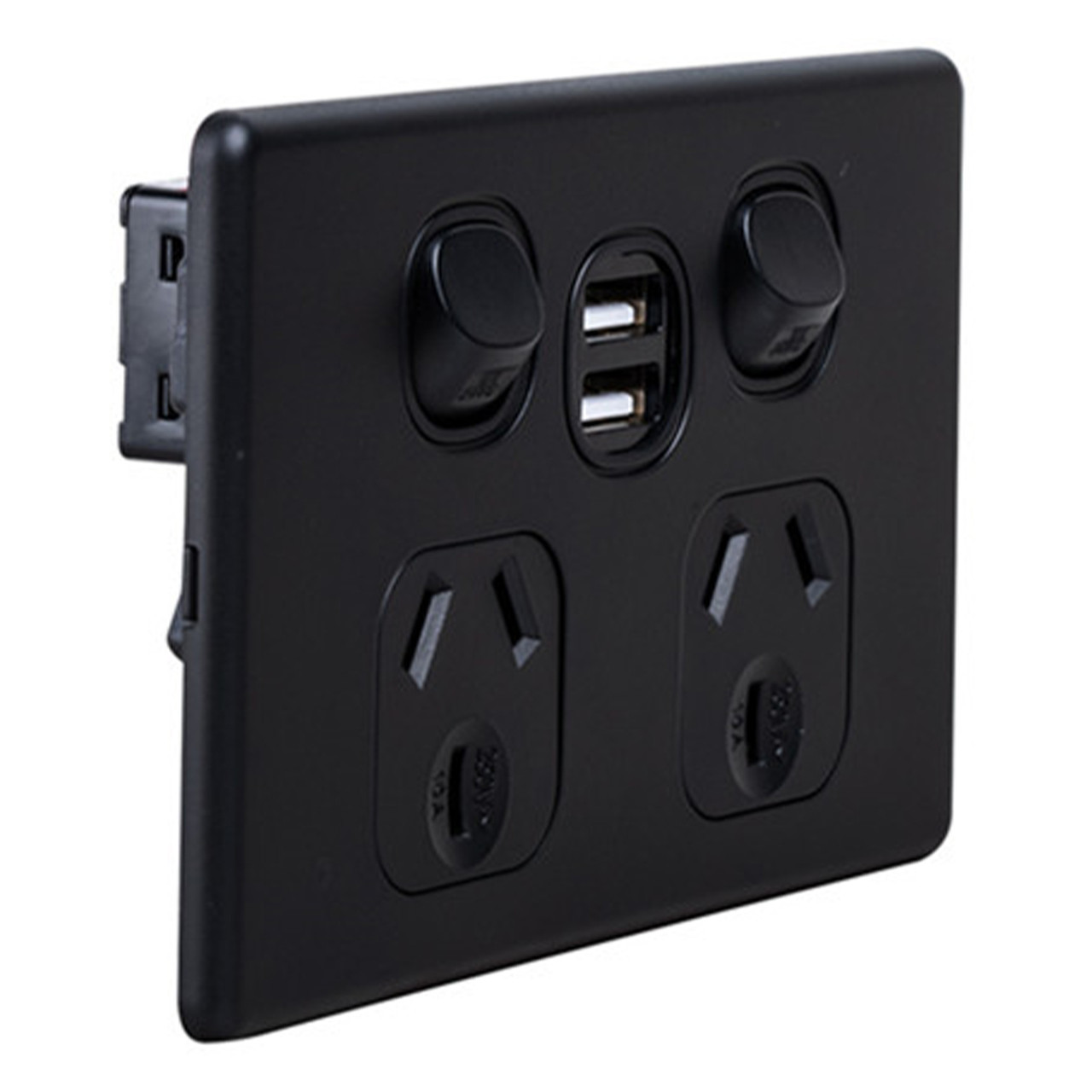Slimline Double Power Point 2 x USB Black 10A - Horizontal - Trade Depot