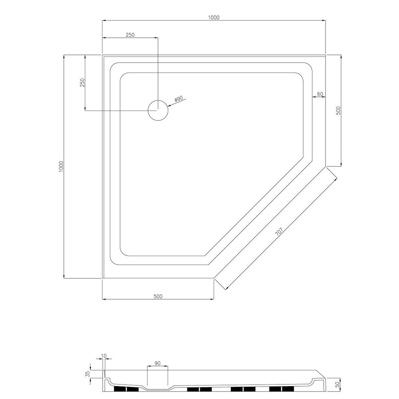 Corner Angle Shower Tray 1000mm Corner Waste 50mm Low Profile - Trade Depot