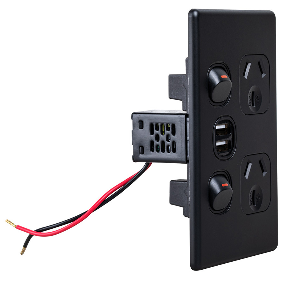 Slimline Double Power Point 2 x USB Black 10A - Vertical - Trade Depot