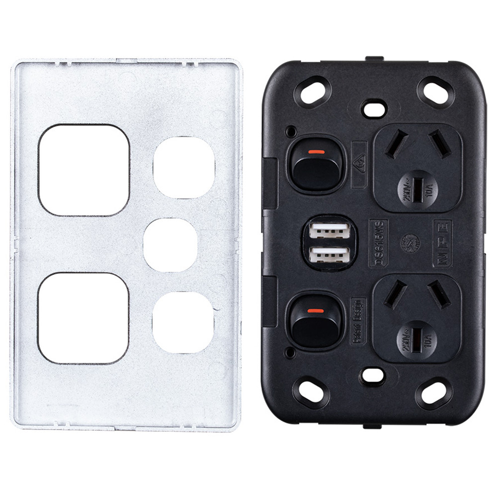 Slimline Double Power Point 2 x USB Black 10A - Vertical - Trade Depot