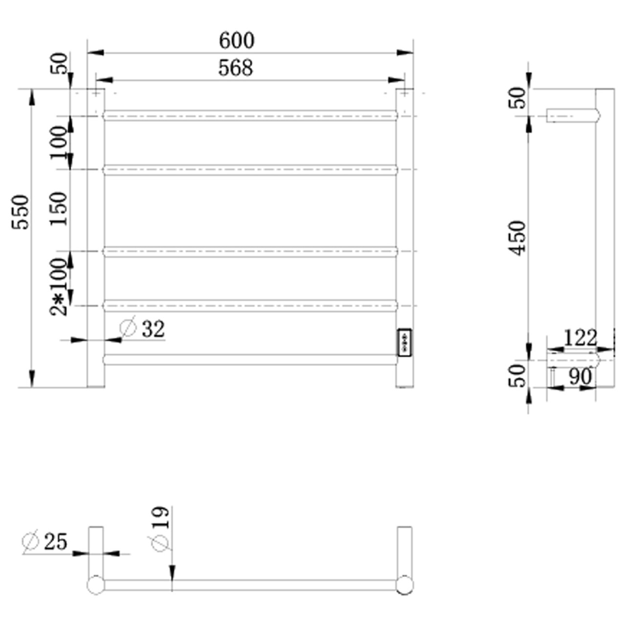 5 Bar 600mm Round Profile Heated Towel Rail With Timer - Chrome - Trade ...