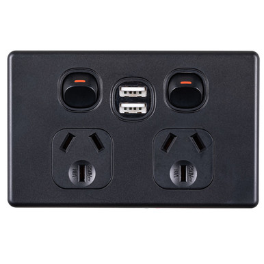 Slimline Double Power Point 2 x USB Black 10A - Horizontal - Trade Depot
