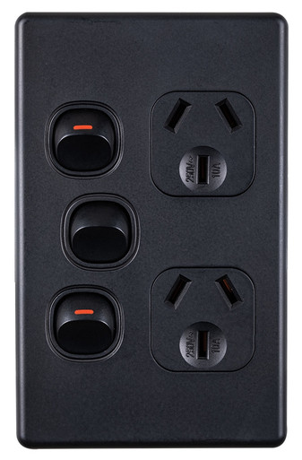 Slimline Double Powerpoint With Extra Switch Black 10A - Vertical ...