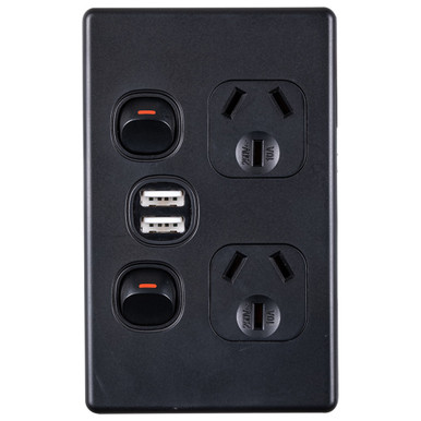 Slimline Double Power Point 2 x USB Black 10A - Vertical - Trade Depot
