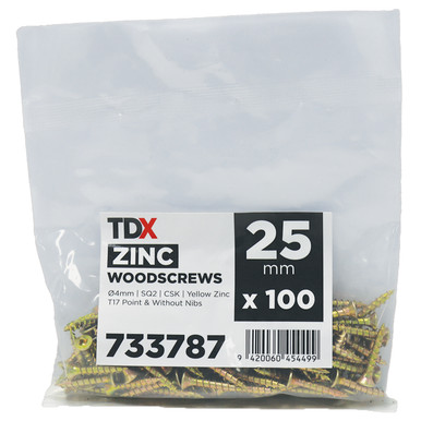 25mm Wood Screws SQ2 CSK - 100 Pack - Trade Depot