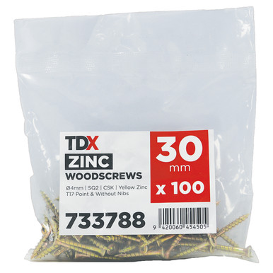 30mm Wood Screws SQ2 CSK - 100 Pack - Trade Depot