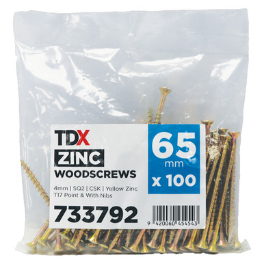 65mm Wood Screws SQ2 CSK - 100 Pack - Trade Depot