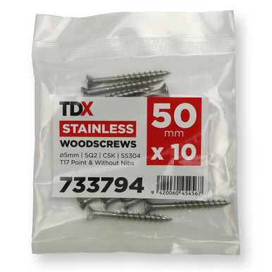Wood Screws 50mm SQ2 CSK SS304 - Pack of 10 - Trade Depot