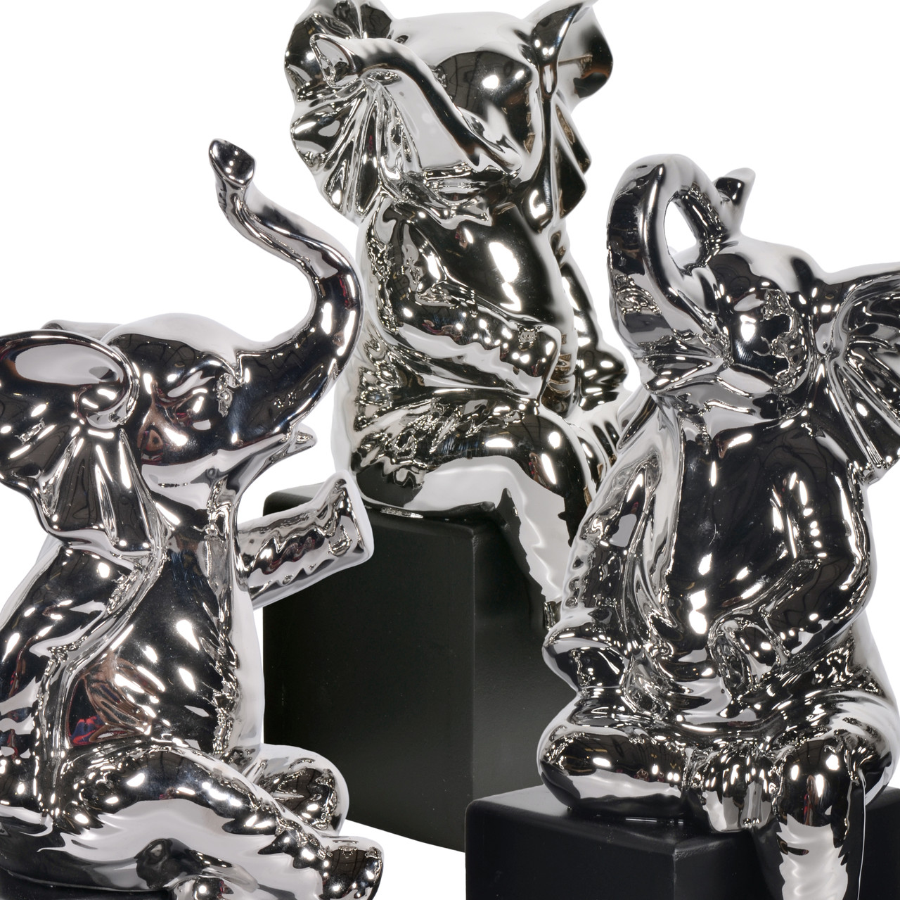 Mirrored Chrome Elephants Set of 3 on Bases - World of Decor