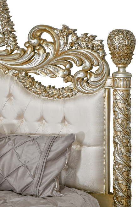Grand Platine Finish Carved Mahogany Tufted Poster King Bed - World of ...