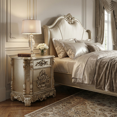 Grand Platine Finish Carved 3 Drawer Nightstand - World of Decor