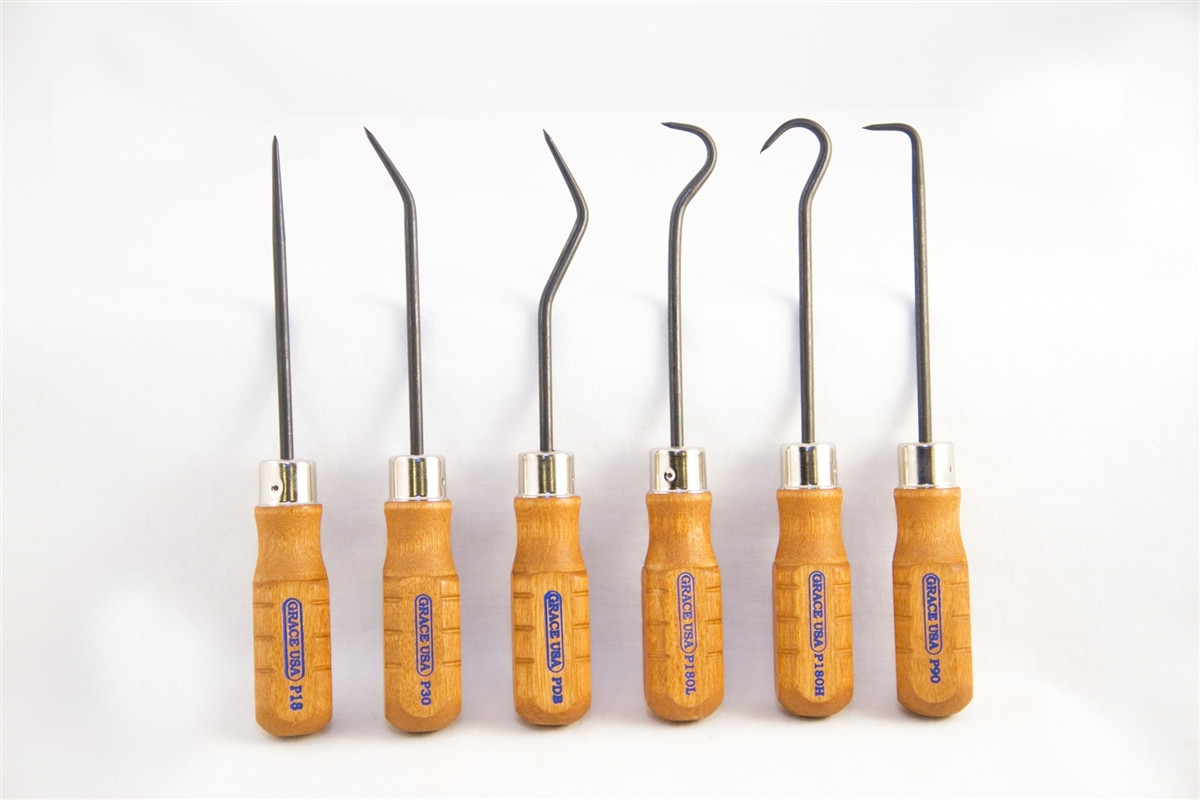 Grace 6pc Wood Handle Hook and Pick Set Curved Angle Made in USA
