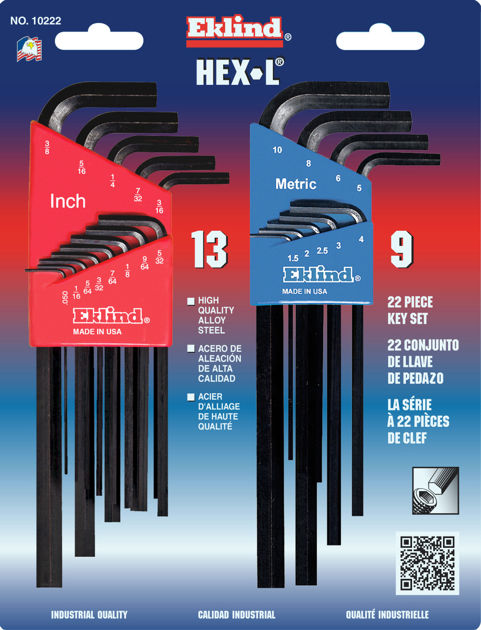 Eklind Hex Wrench Key Set 22pc Black Finish Metric 1.5-10 SAE .05-3/8 ...