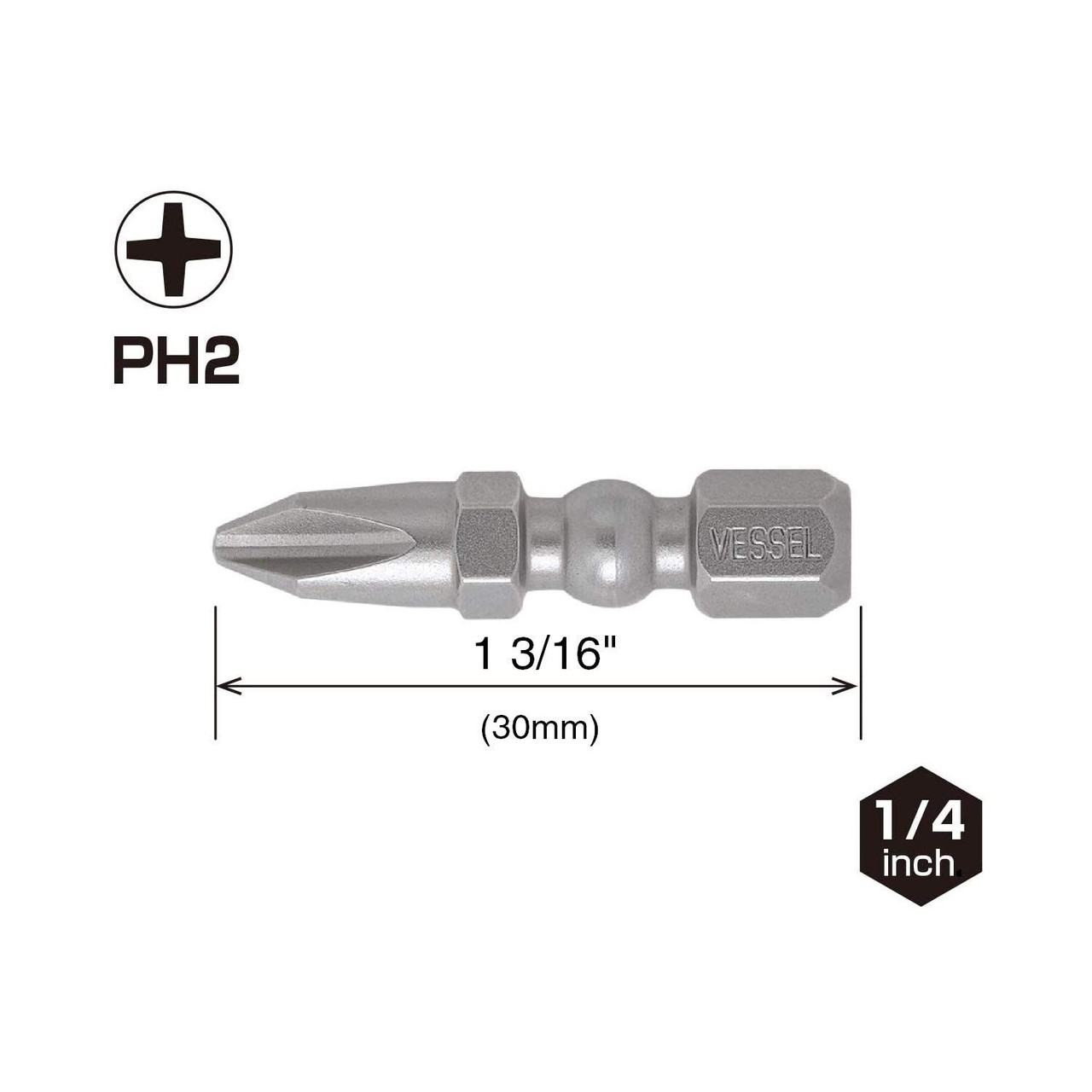 Vessel 2pc Phillips JIS Impact Ball Torsion Bit Set PH2 x 1'' Made In ...