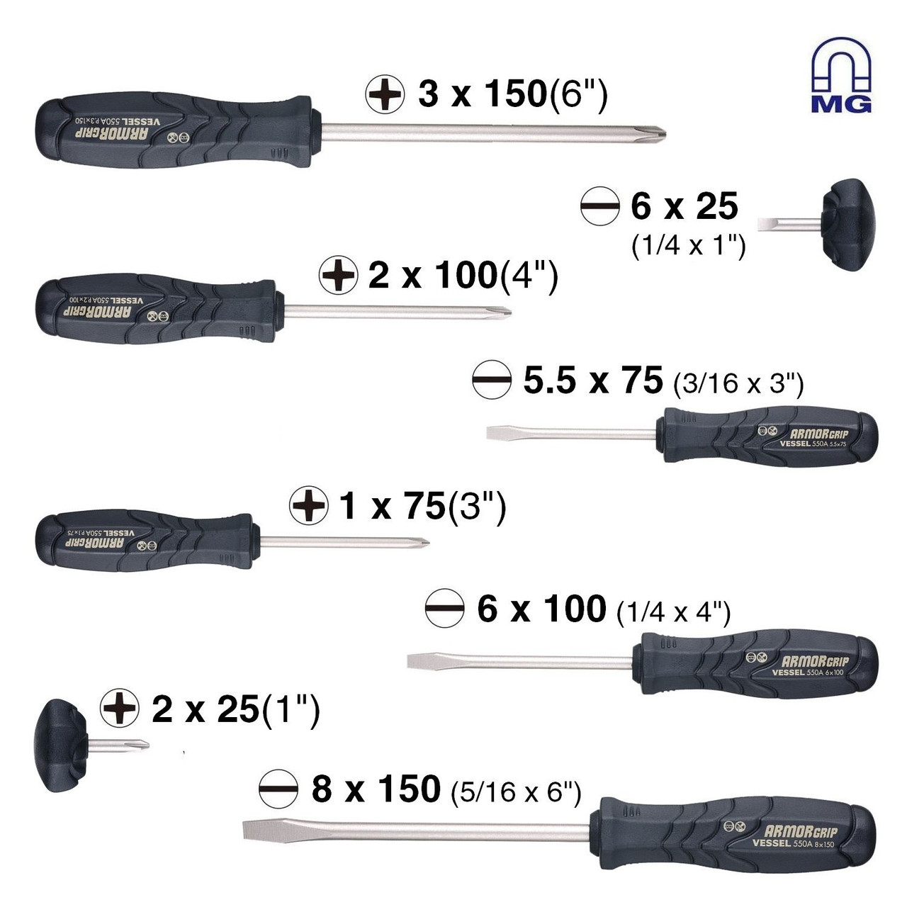 Vessel 8pc JIS Screwdriver Set Armor Grip 550A8PTU like Phillips Slotted Drive - Bowers Tool Co.