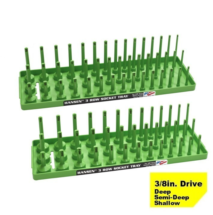 Hansen (Green) 3/8" Socket Tray Organizer Holder Set 3 Row Metric SAE ...