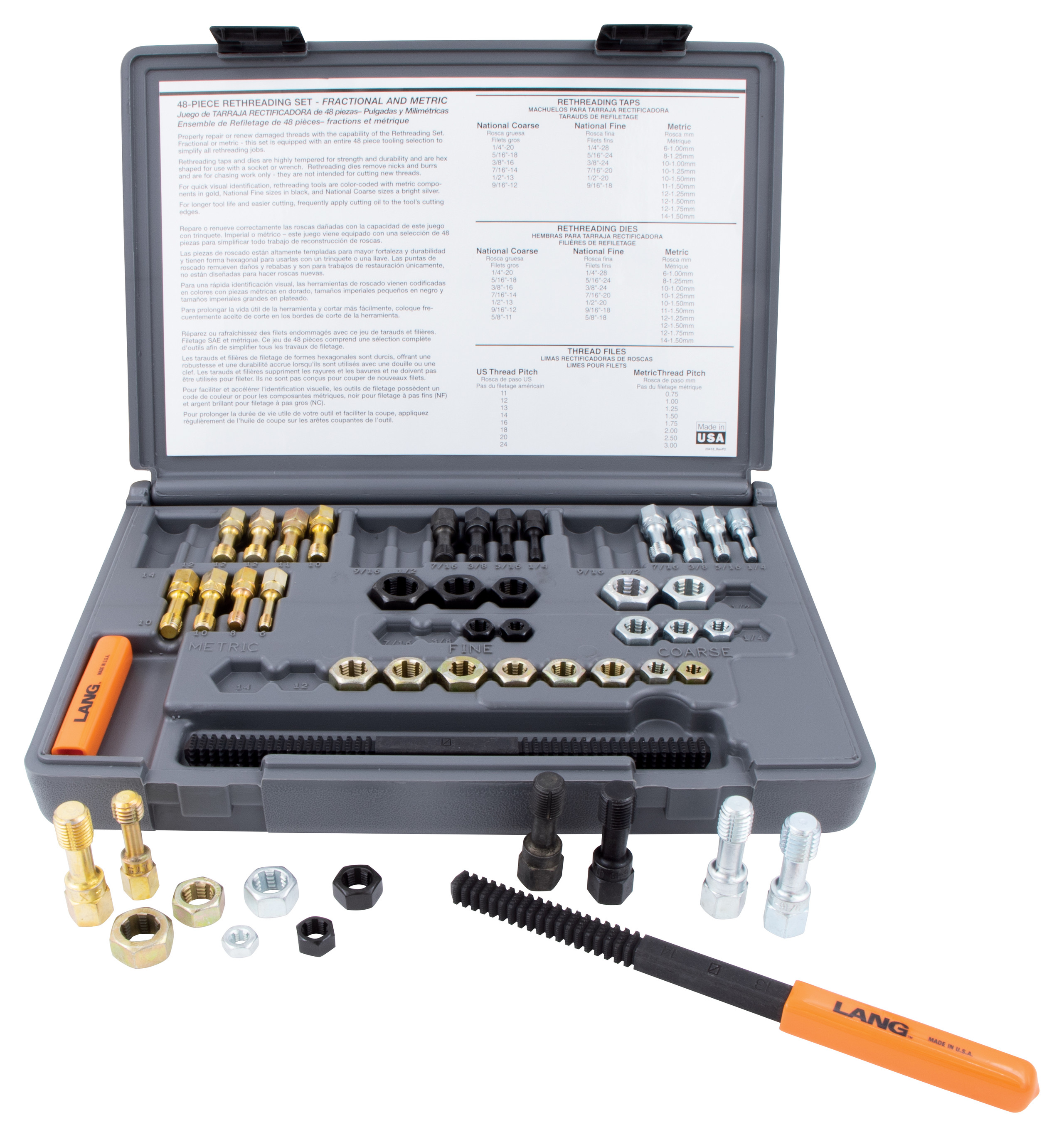Lang 48pc Tap Die File Rethreading Set Metric NF-SAE NC-USS Thread ...