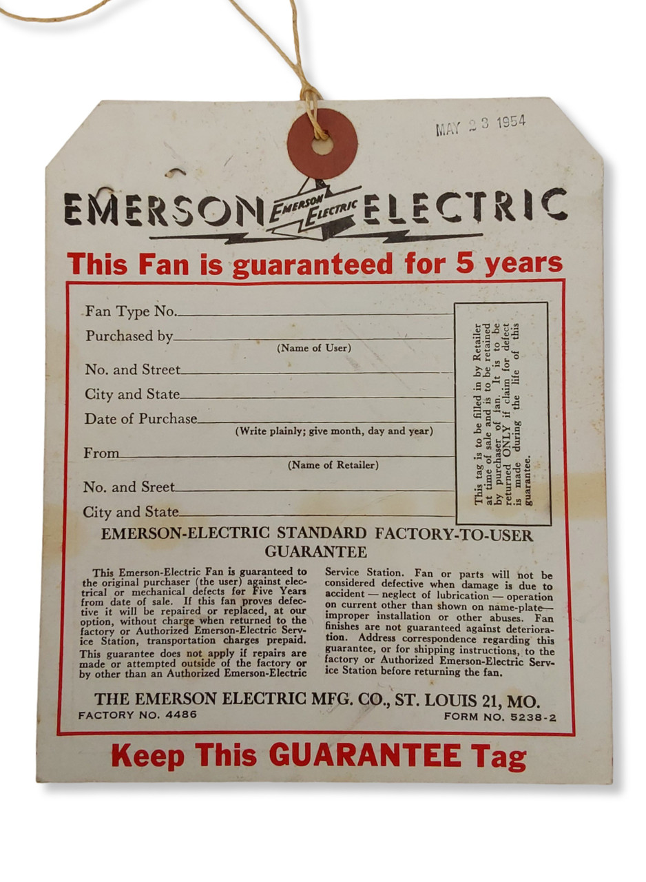 Circa 1954 Emerson Type 6250-K 5 Year Guarantee Card