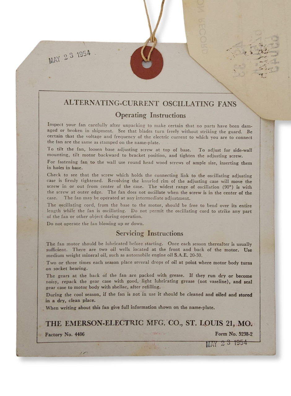 Circa 1954 Emerson Type 6250-K 5 Year Guarantee Card