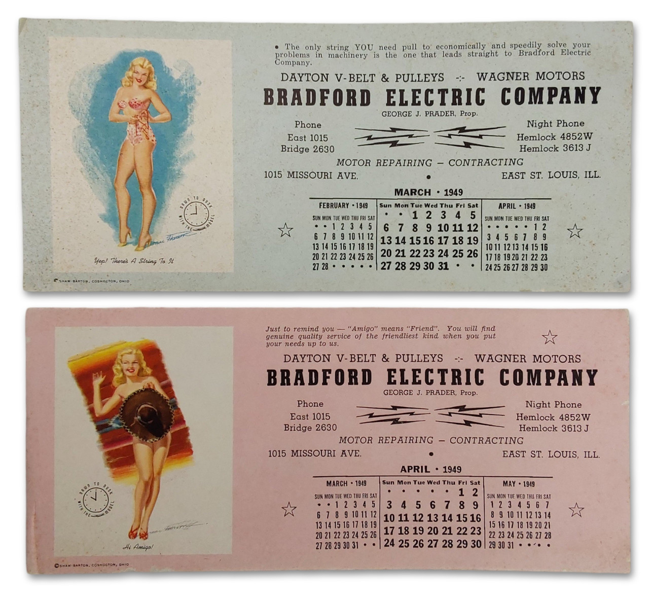 Vintage 1940's Bradford Electric Company Pinup Calendars