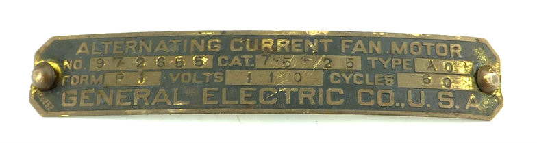 Original GE Kidney 1913 with Carry Handle Motor Tag - Antique Fan Supply Co