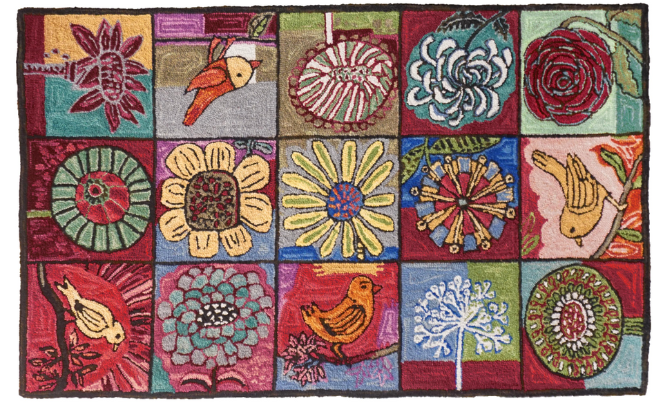 Bloomer and Birds Hooked Rug - Lavender Fields
