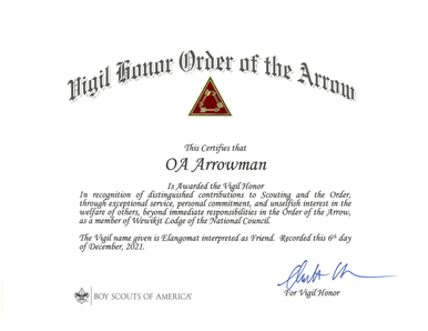 Replacement Vigil Honor Certificate and Card - Name Change - OA Trading ...