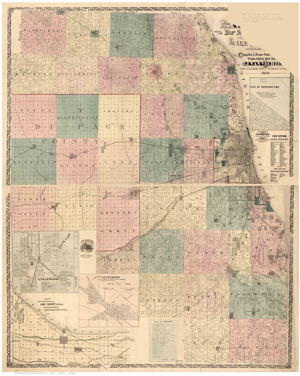 Cook, Dupage & part of Lake Counties, Illinois 1870 - Old Map Reprint ...