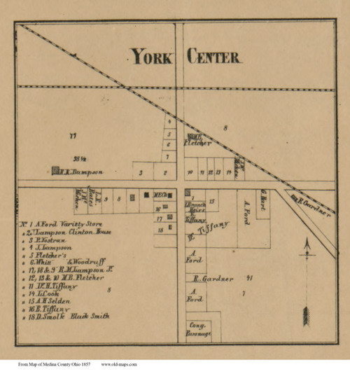 York Center - York, Ohio 1857 Old Town Map Custom Print - Medina Co ...