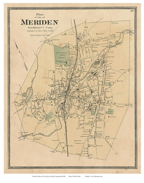 Meriden City, Connecticut 1868 Old Town Map Reprint - New Haven Co ...