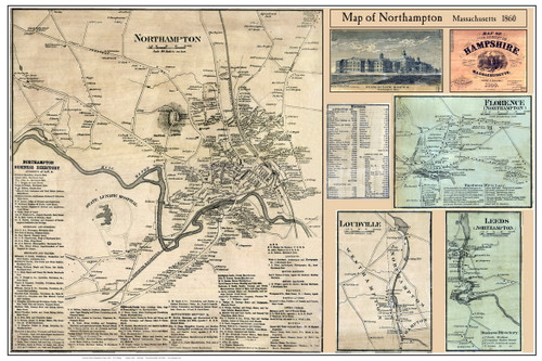 Northampton Village Poster Map, 1860 Hampshire Co. MA - OLD MAPS