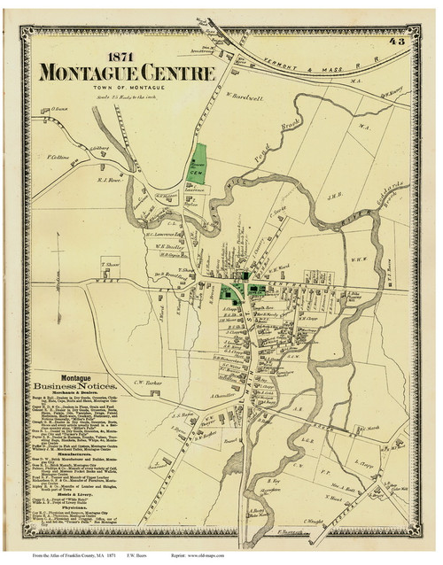 Montague Centre, Massachusetts 1871 Old Town Map Reprint - Franklin Co ...