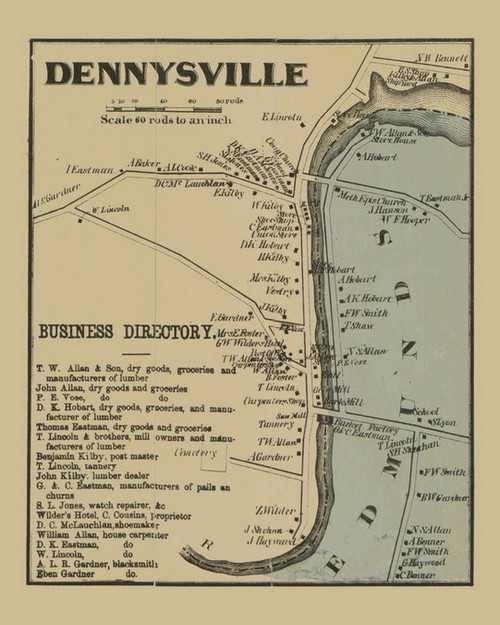 Dennysville Village, Maine 1861 Old Town Map Custom Print - Washington ...