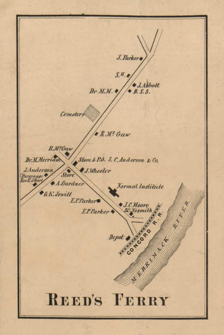 Reeds Ferry - Merrimack, New Hampshire 1858 Old Town Map Custom Print ...