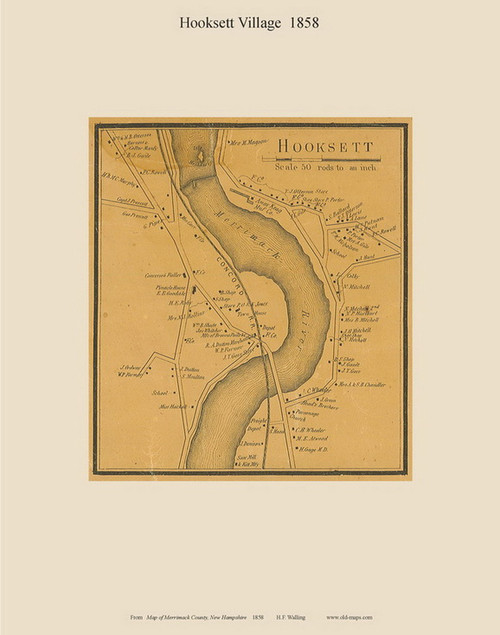 Hooksett Village, New Hampshire 1858 Old Town Map Custom Print ...