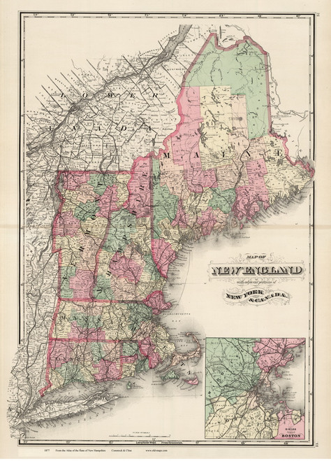 Map of New England - 1877 Old Map Reprint - Comstock & Cline State ...
