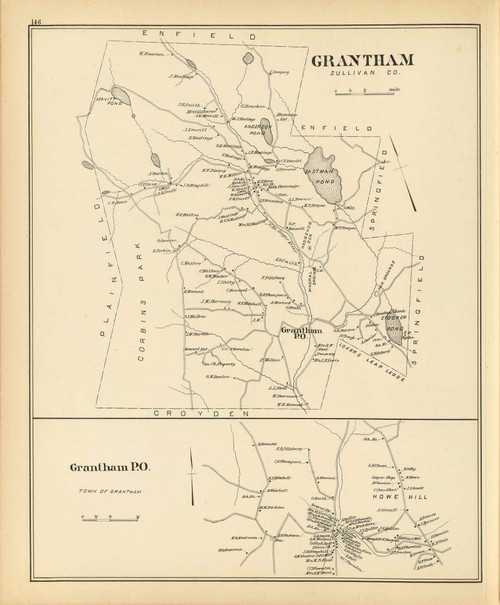 Grantham Town, Grantham P.O., New Hampshire 1892 Old Town Map Reprint ...