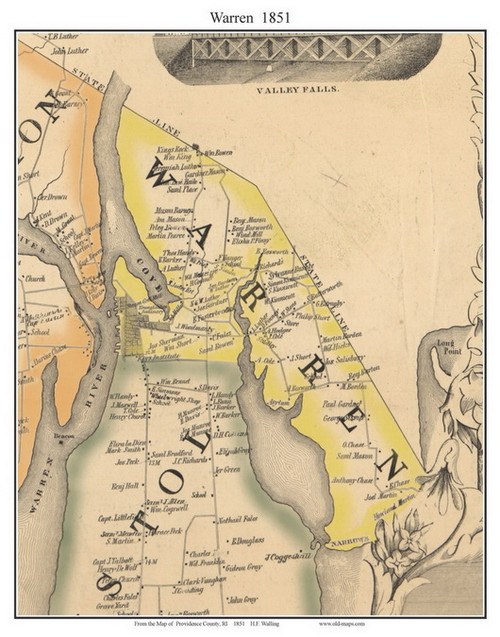 Warren, Rhode Island 1851 - Old Town Map Custom Print - Providence Co ...